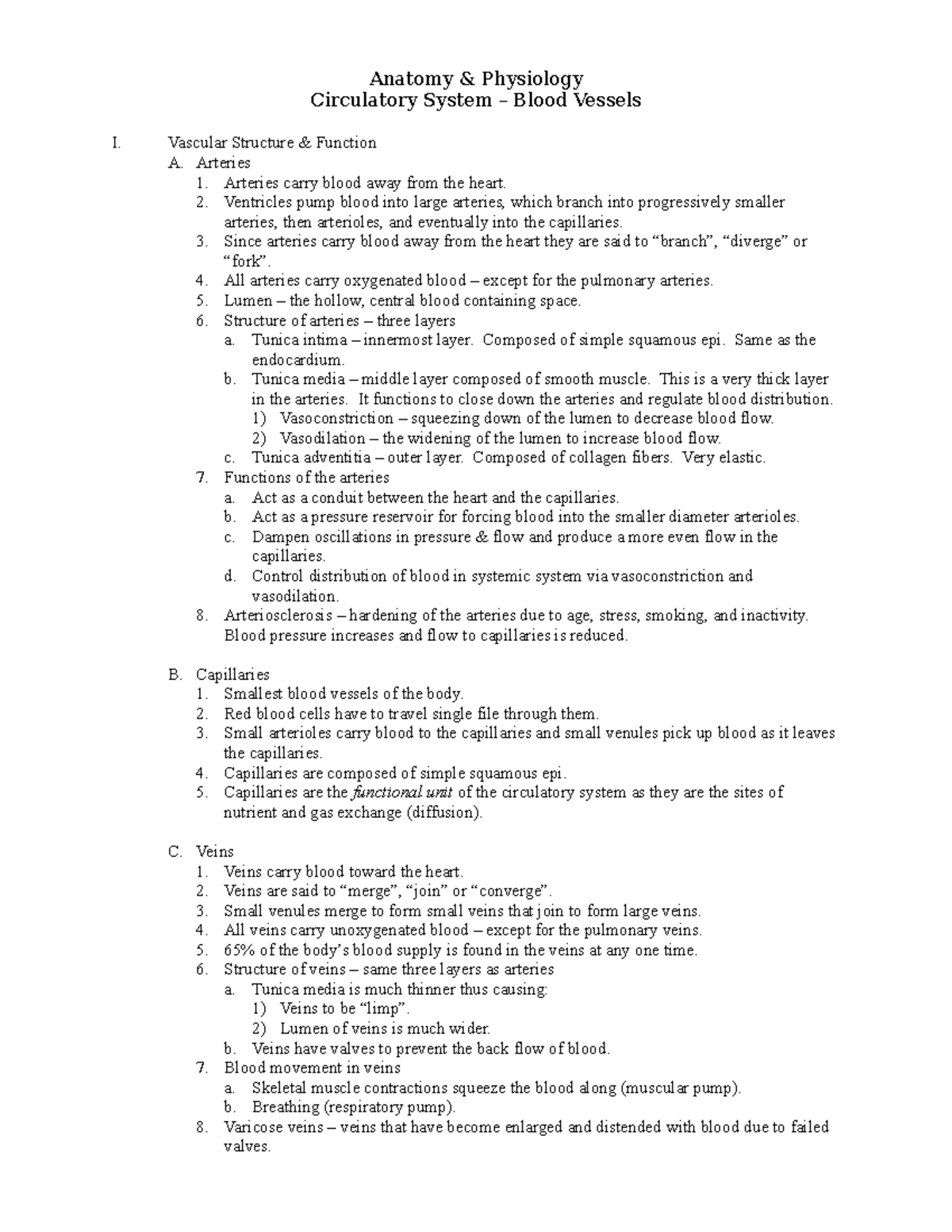Ch 11 Vessels Notes anatomy - Anatomy & Physiology Circulatory System ...