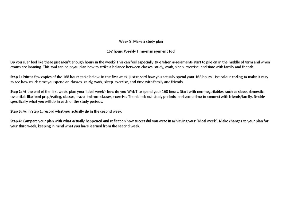 Week 8 168h plan learning log - Week 8: Make a study plan 168 hours ...
