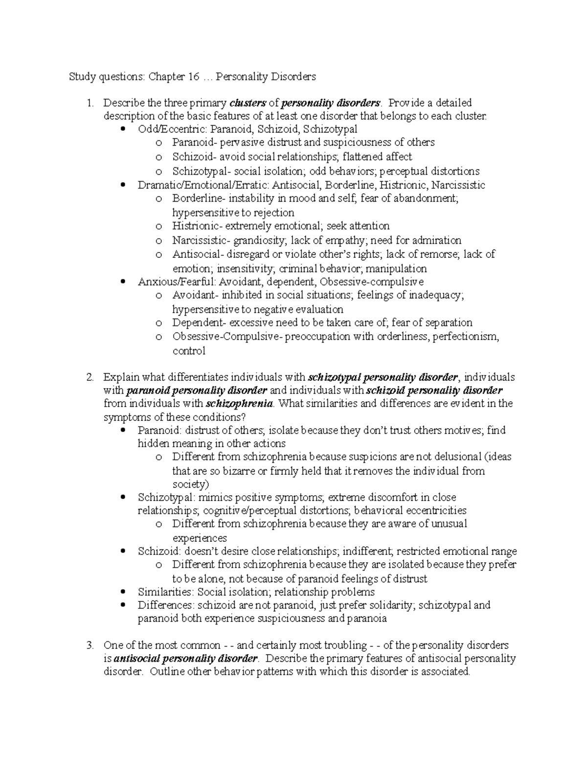 Study Questions- Personality Disorders - Study questions: Chapter 16 ...