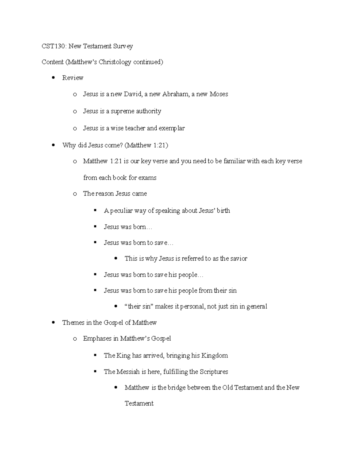9-28 CST130 - Matthew - CST130: New Testament Survey Content (Matthew’s ...