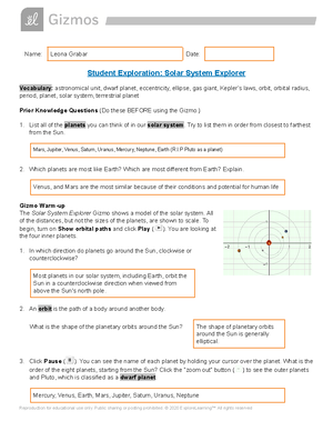 Solar System Explorer Gizmo Answer Key