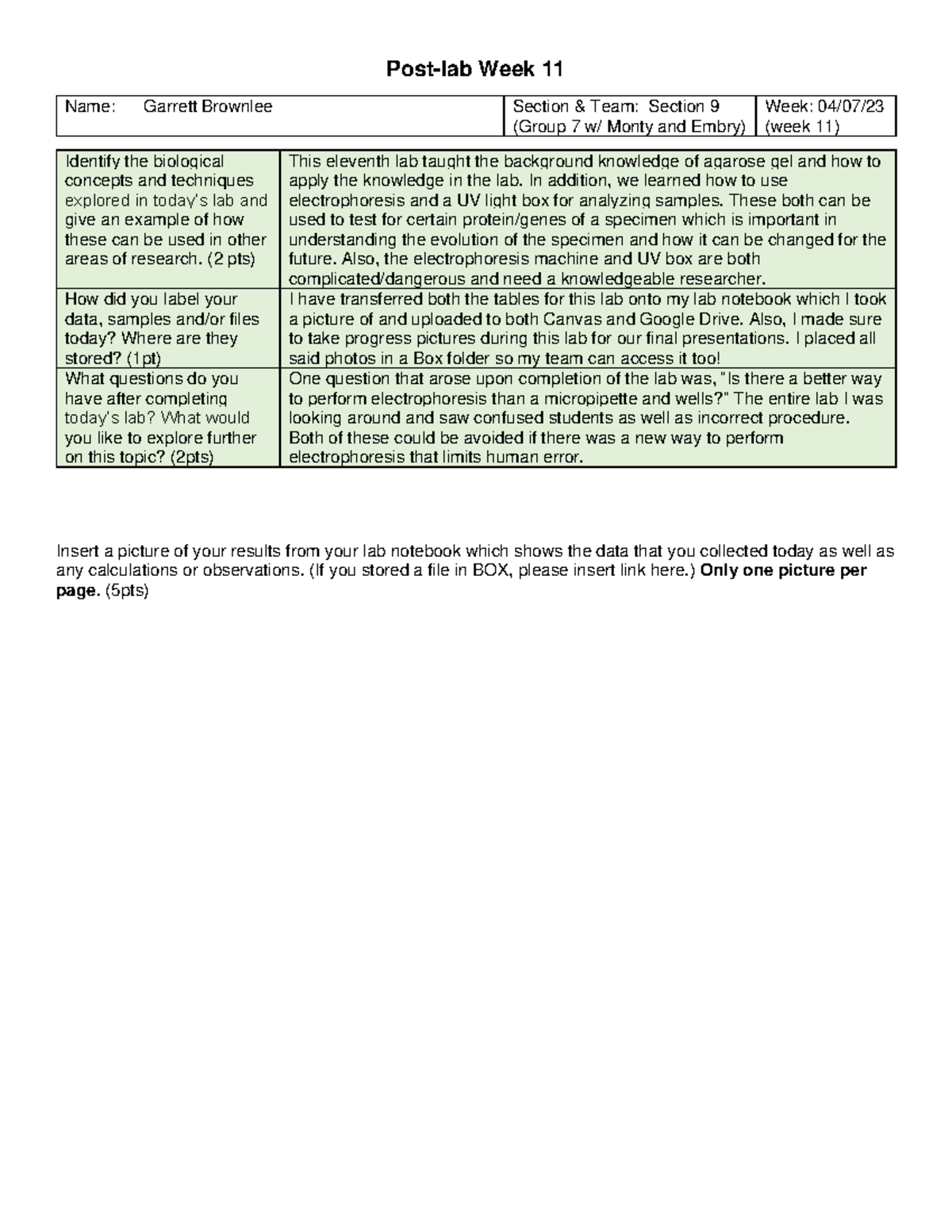 Postlab week 11 - Lab - Post-lab Week 11 Name: Garrett Brownlee Section & Team: Section 9 (Group ...