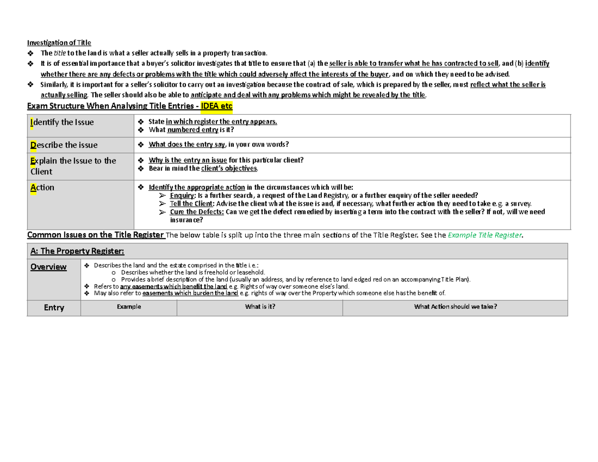 1. Investigation of Title - Inves&ga&on of Title The !tle to the land ...