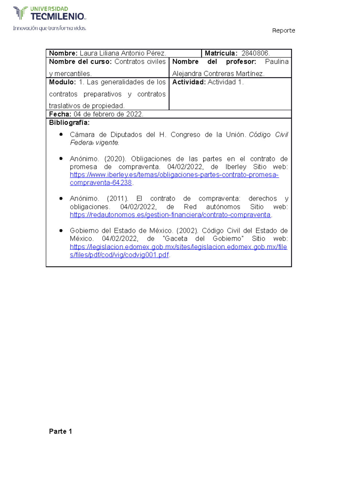 Actividad 1. Contratos civiles y mercantiles - Nombre: Laura Liliana Antonio Pérez. Matrícula ...