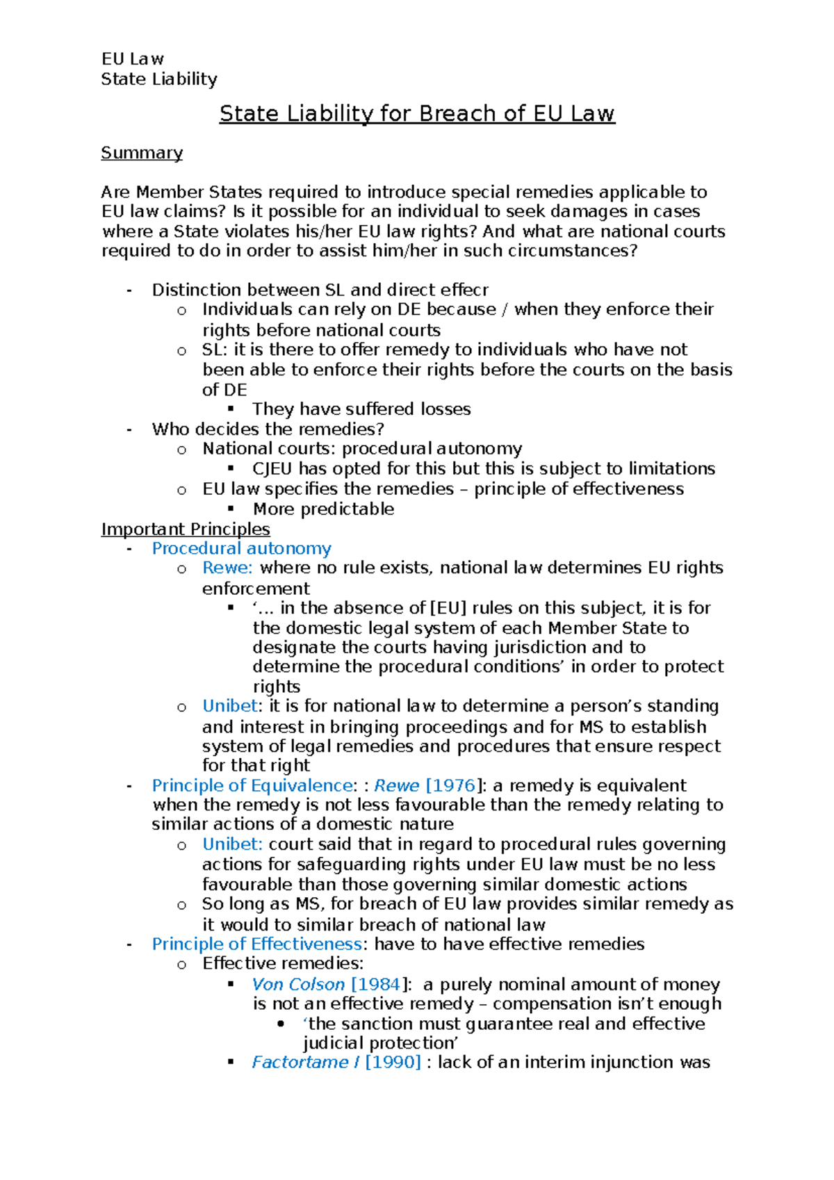 State Liability for Breach of EU Law revision notes - State Liability ...