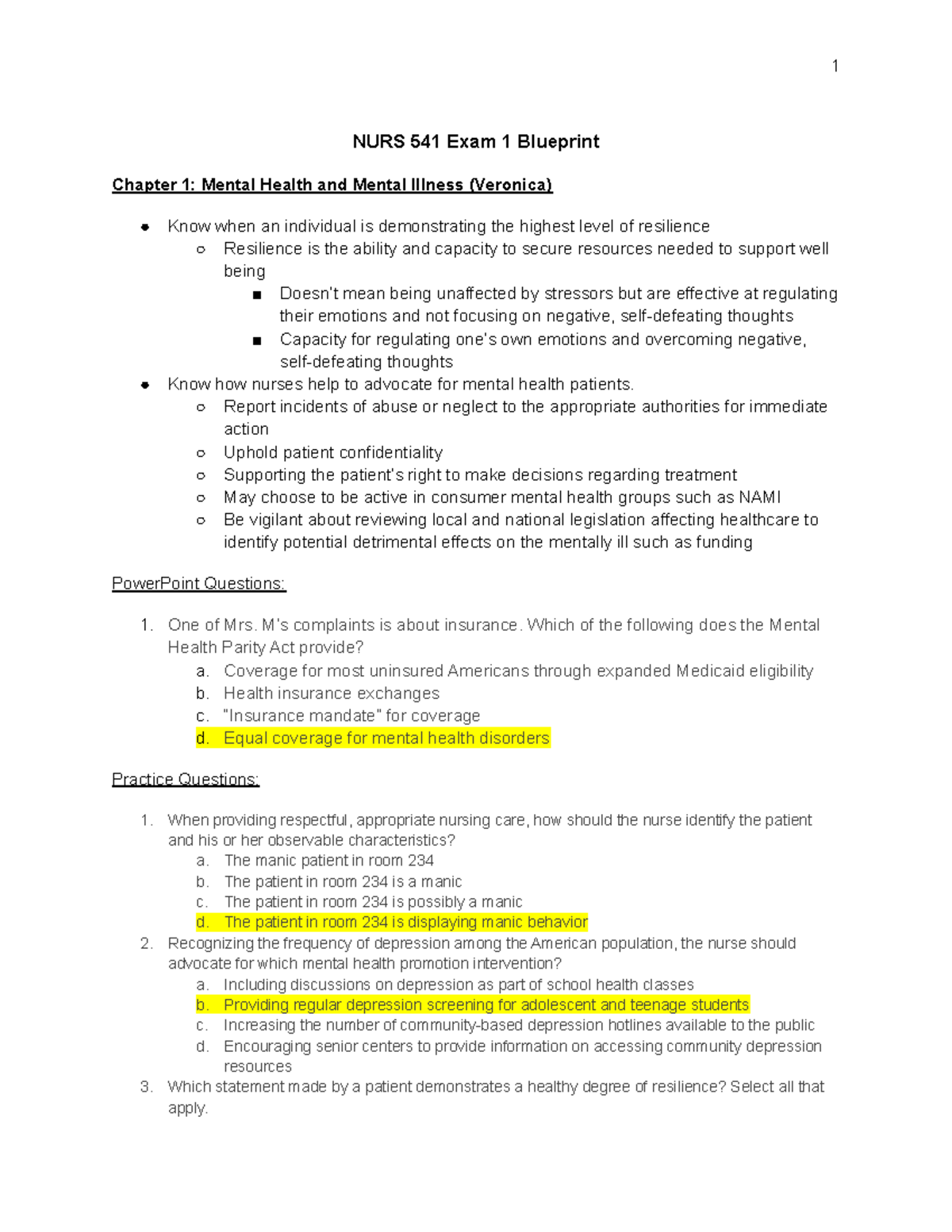 Behavioral Health EXAM 1 - NURS 541 Exam 1 Blueprint Chapter 1: Mental ...