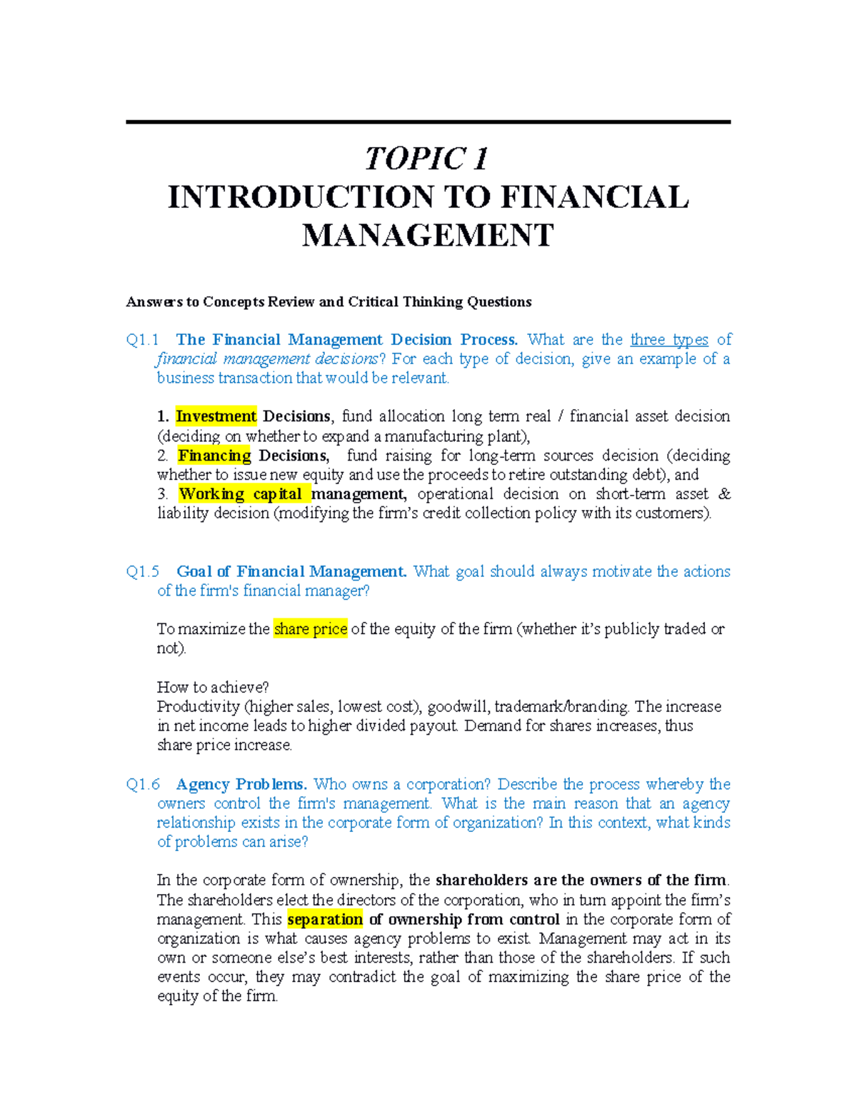 Topic 1 - Introduction to Financial Management - TOPIC 1 INTRODUCTION ...