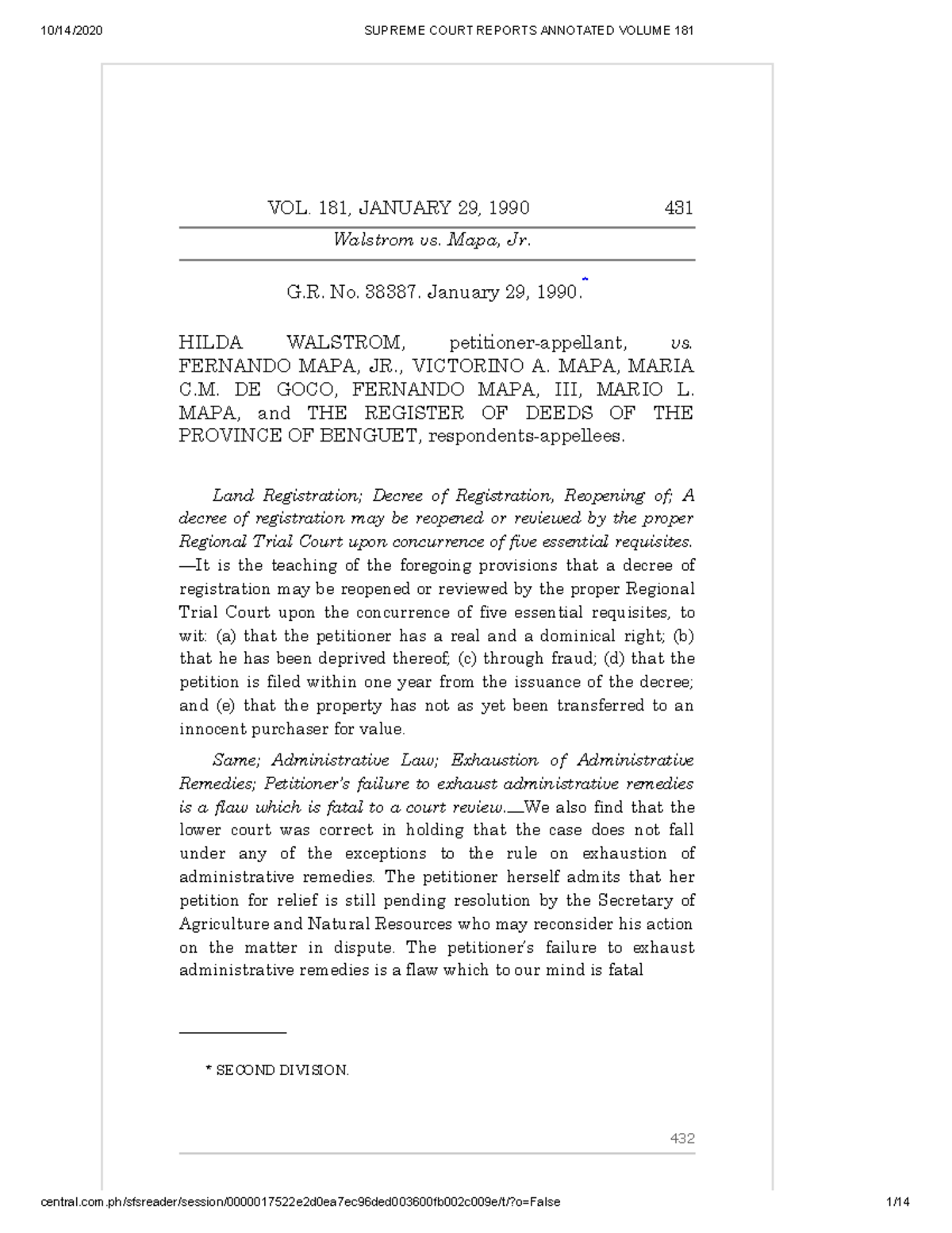 69 Walstrom vs. Mapa, Jr - VOL. 181, JANUARY 29, 1990 431 Walstrom vs ...