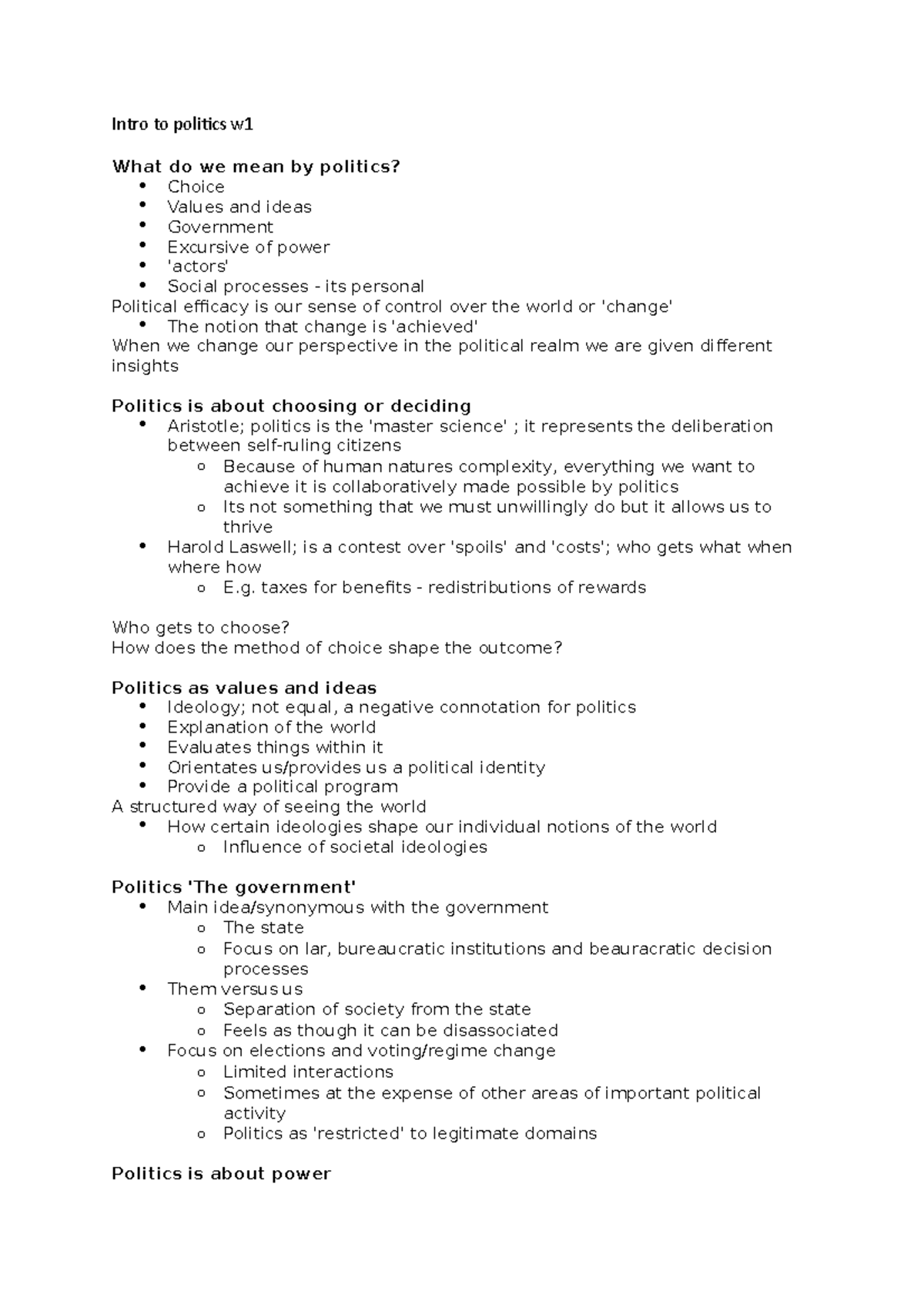 Intro to politics w1 - Notes from the first lecture - Intro to politics ...