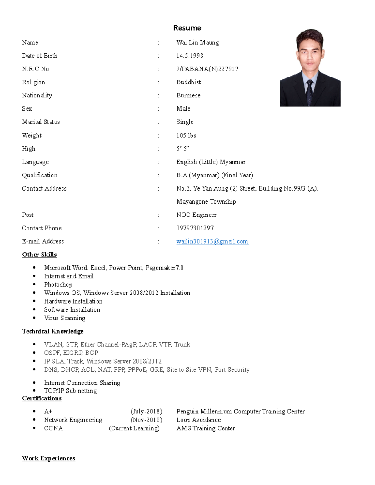 Wai Lin Maung (NOC Engineer) - Resume Name : Wai Lin Maung Date of ...