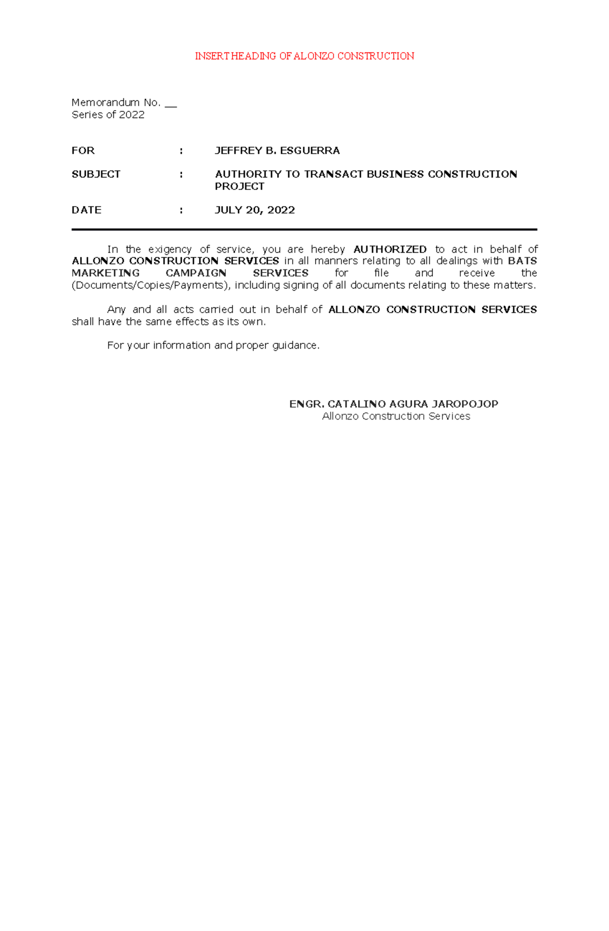 Authorization Memo - Notes - INSERT HEADING OF ALONZO CONSTRUCTION ...