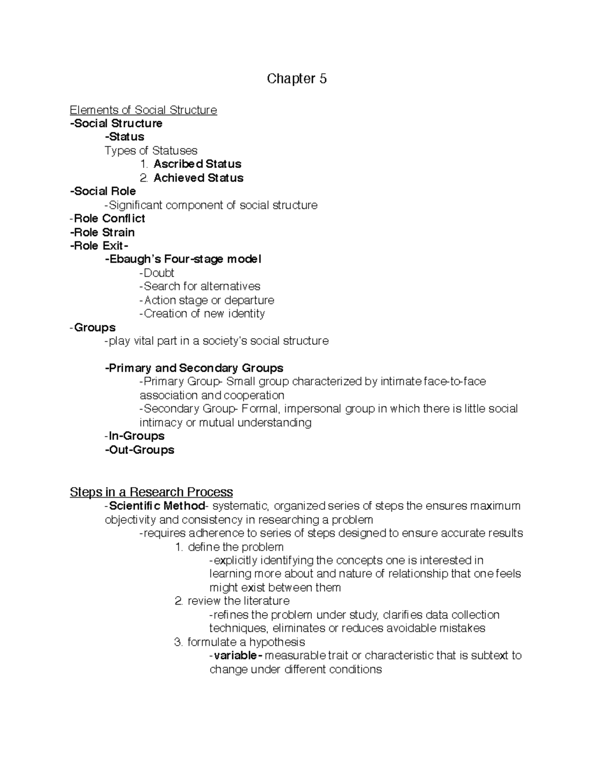 Chapter 5 Notes - Chapter 5 Elements of Social Structure -Social ...