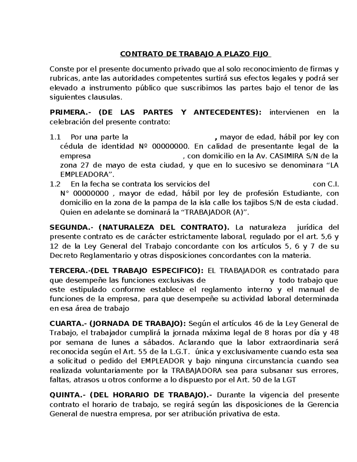 Contrato A Plazo FIJO - modelo de contarto de trabajo - CONTRATO DE TRABAJO A PLAZO FIJO Conste ...