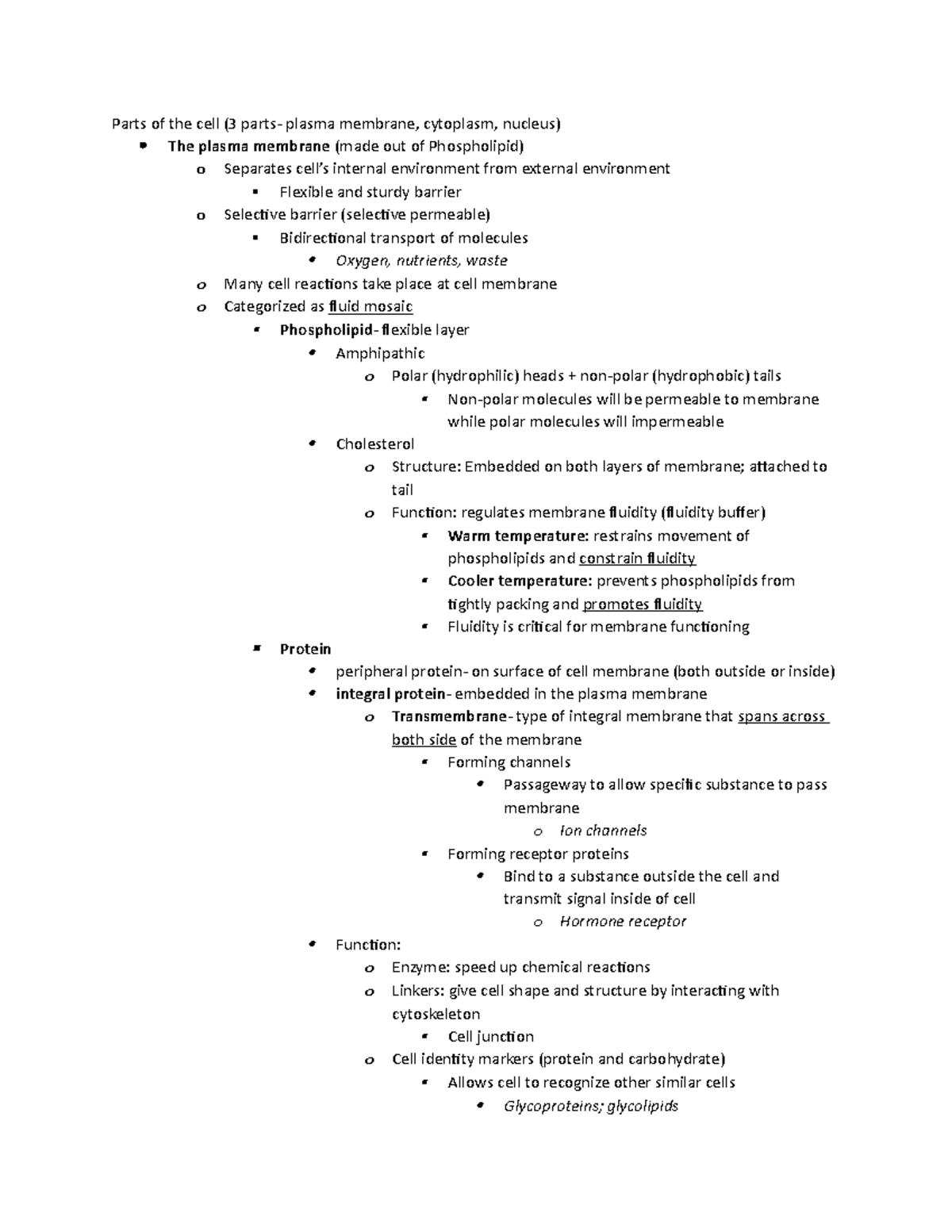 Chapter 3 cellular - ch3 - Parts of the cell (3 parts- plasma membrane ...