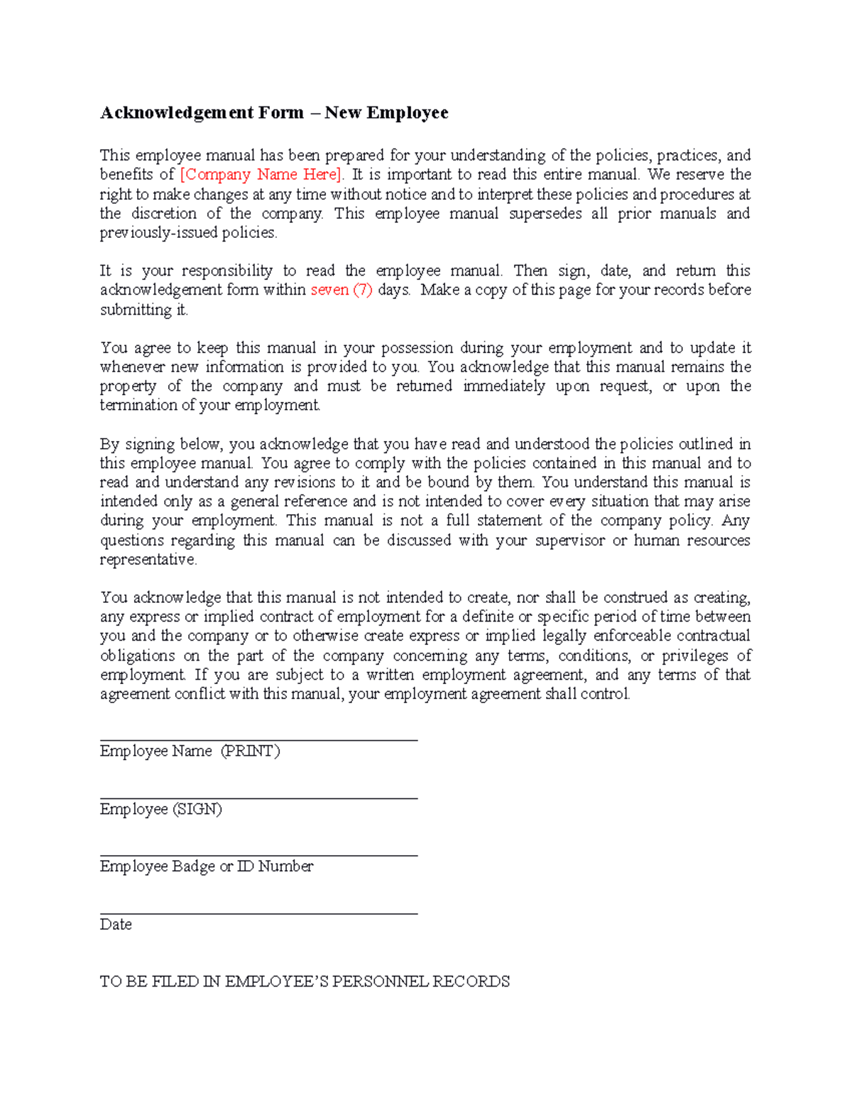 Handbook Acknowledgement Form - Acknowledgement Form – New Employee ...