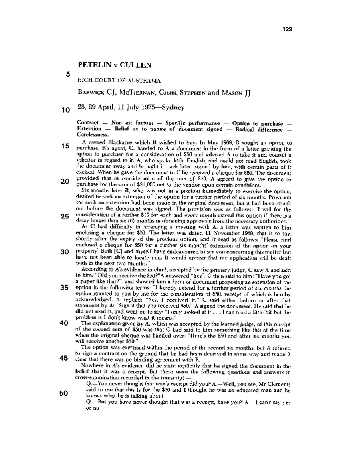 Petelin v Cullen - Case authority - 129 PETELIN V CULLEN 5 HIGH COURT ...