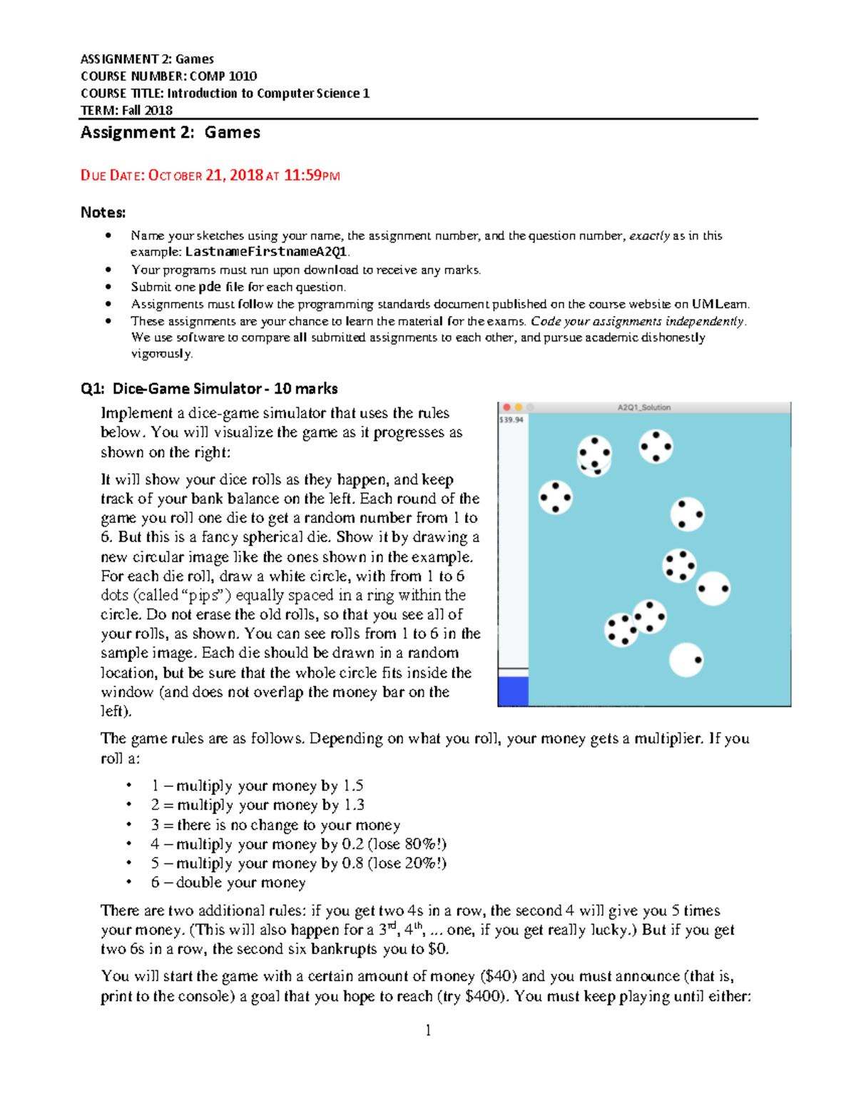 A2-1010-ICM-Fall-2018 MN - ASSIGNMENT 2: Games COURSE NUMBER: COMP 1010 COURSE TITLE ...