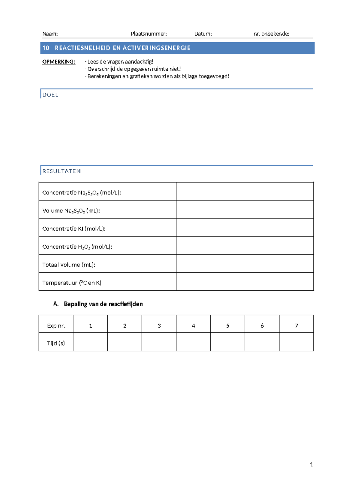 Sjabloon 10 Reactiesnelheid en activeringsenergie - Naam: Plaatsnummer ...