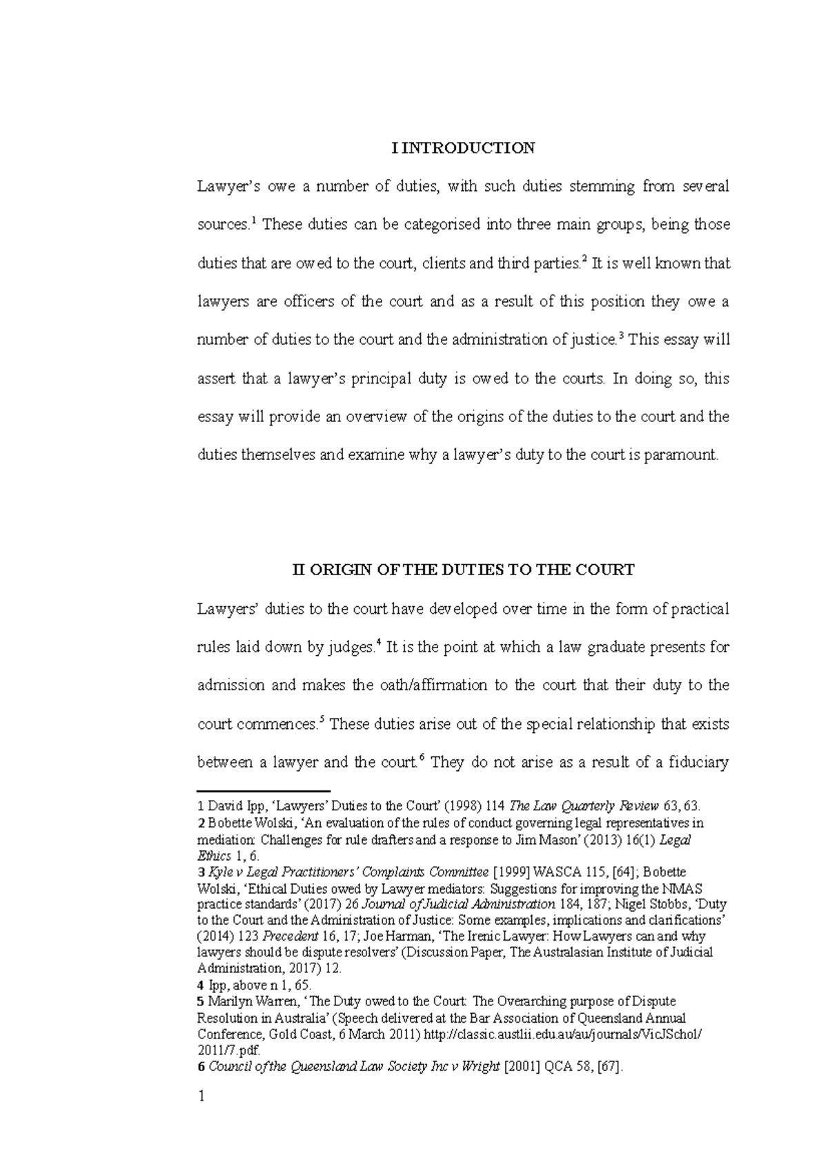 LAW4704 Major Paper Assessment - Duties of a Lawyer - I INTRODUCTION ...
