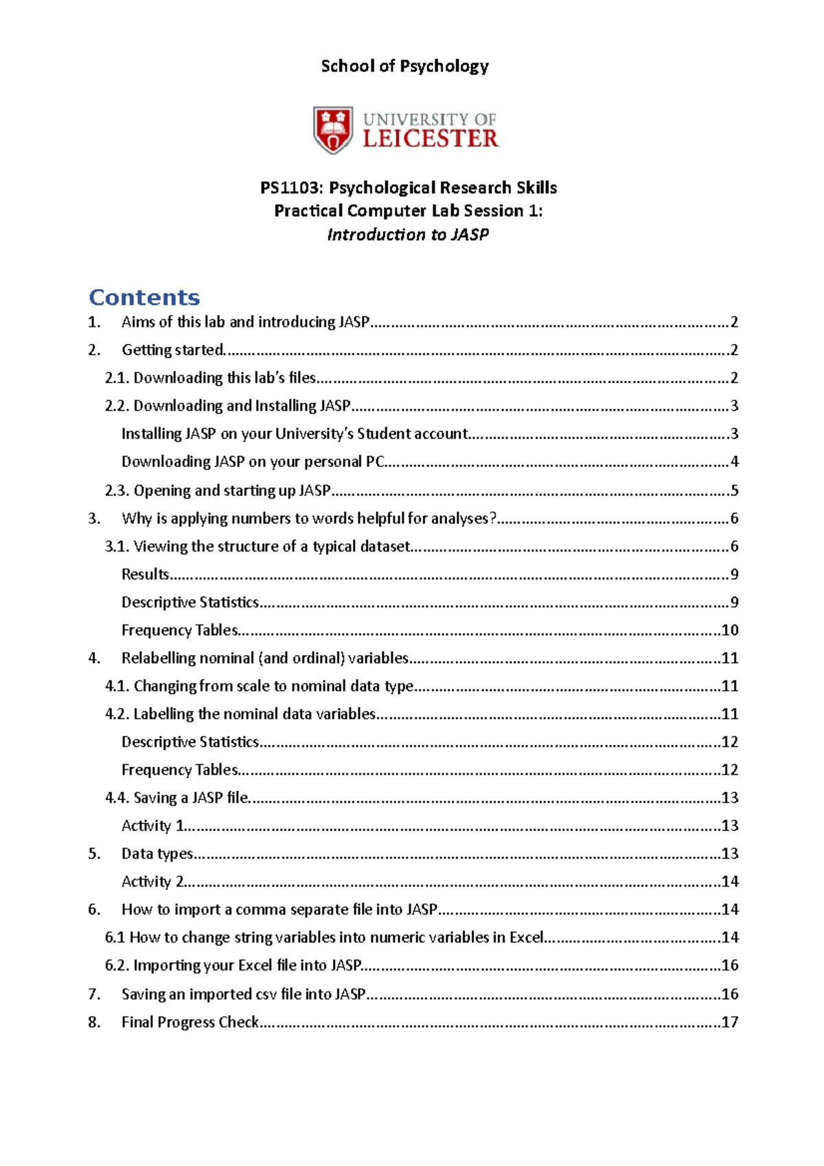 PS1103 Lab 1 Introduction to JASP Handout 2022(2) - PS1103 ...