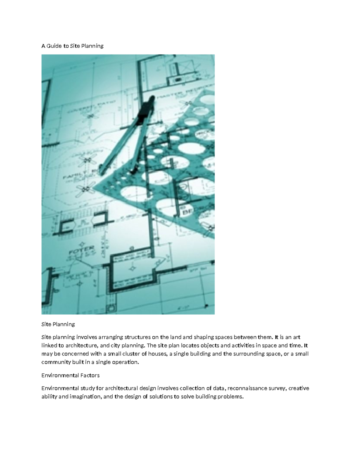 A Guide to Site Planning - It is an art linked to architecture, and ...