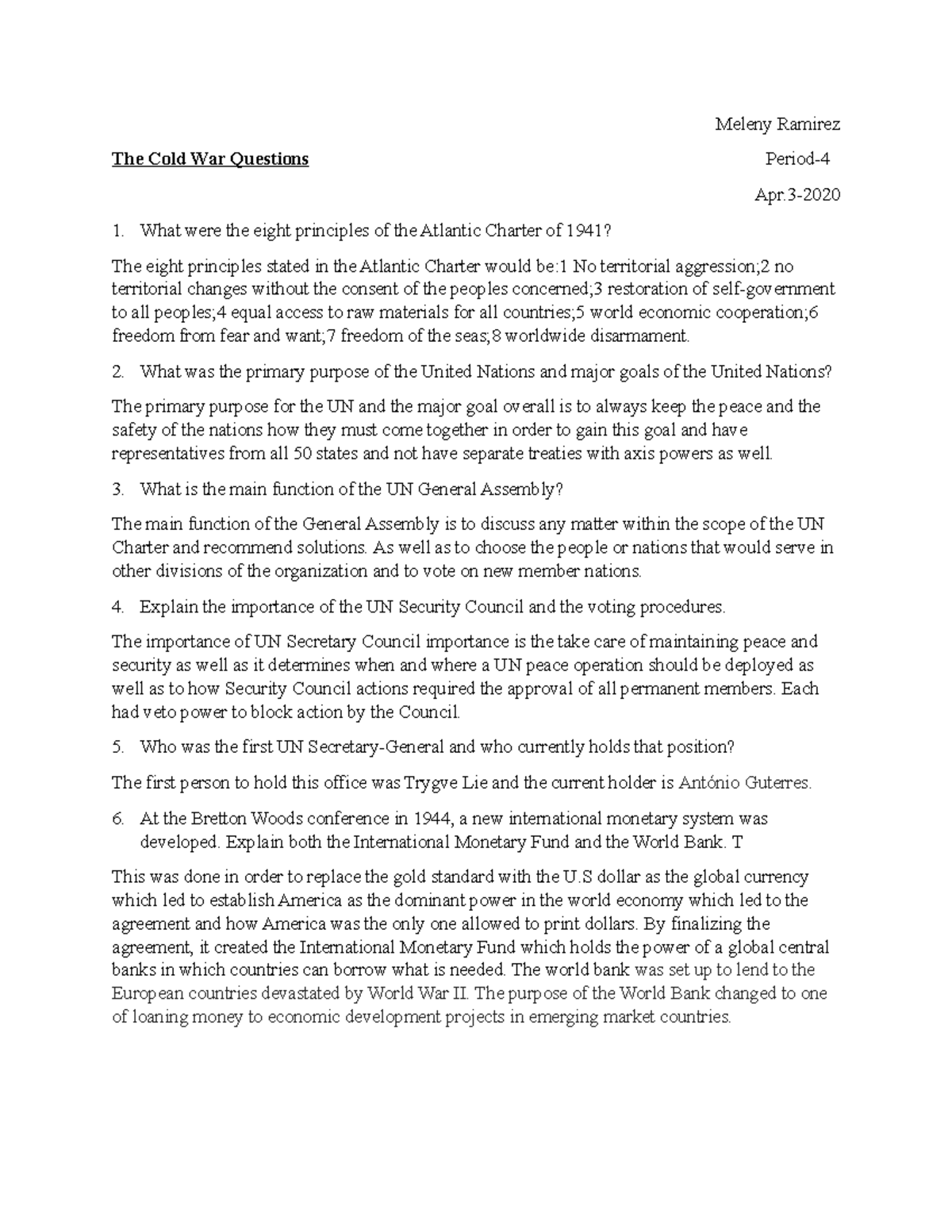 The Cold War Questions Mrs. Evans - Meleny Ramirez The Cold War ...