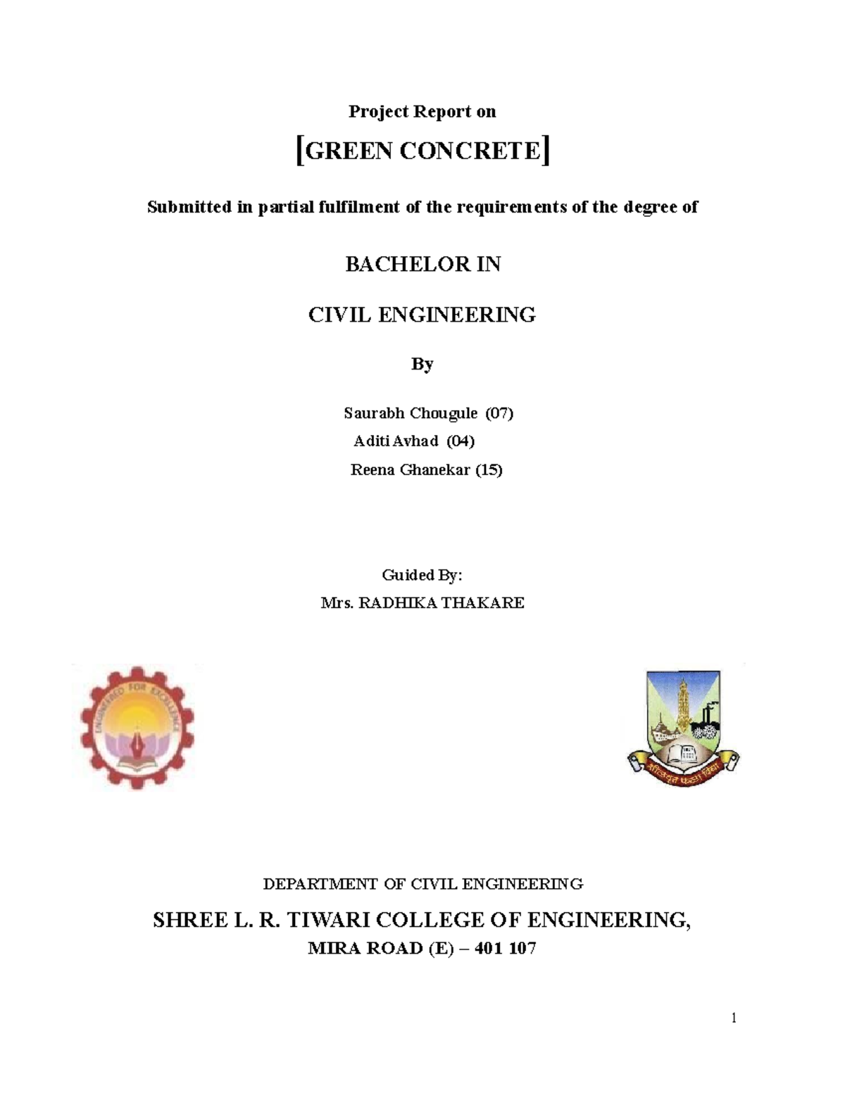 Mini Project Report SEM5 (T - Project Report on [GREEN CONCRETE] Submitted in partial fulfilment ...