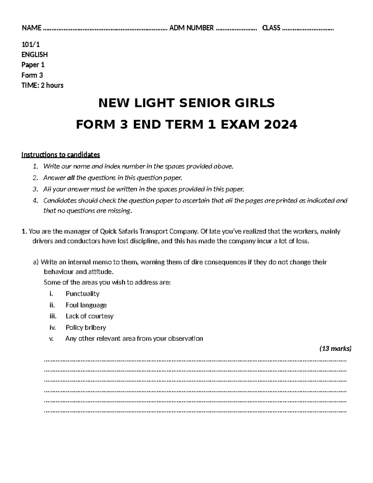 Form 3 English Exam - NAME