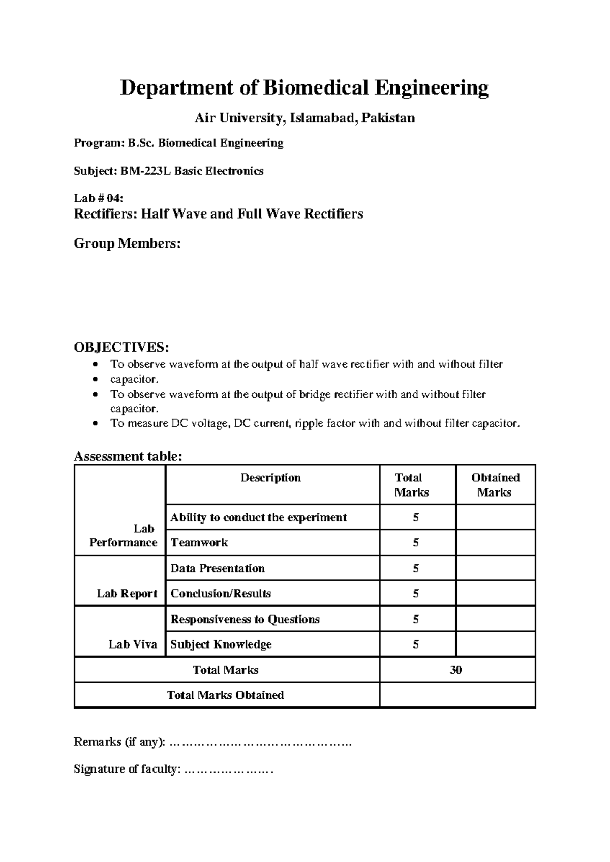 Experiment 4 - Department of Biomedical Engineering Air University ...