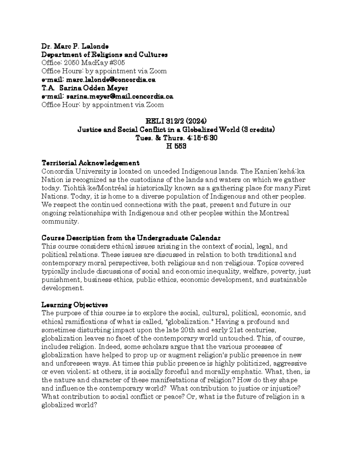 312 Fall 24 - Course outline - Dr. Marc P. Lalonde Department of Religions and Cultures Office ...