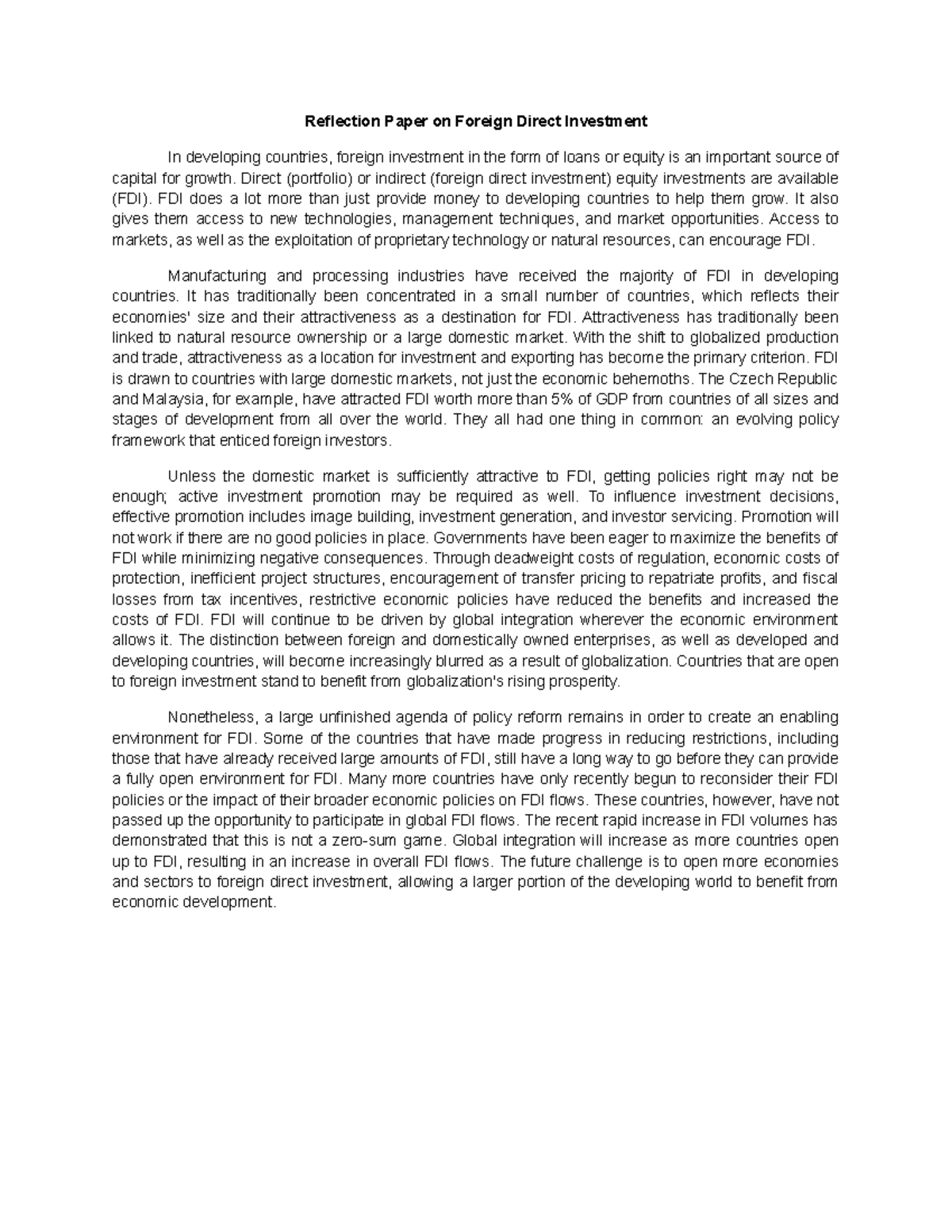 Reflection Paper on Foreign Direct Investment - Direct (portfolio) or indirect (foreign direct ...