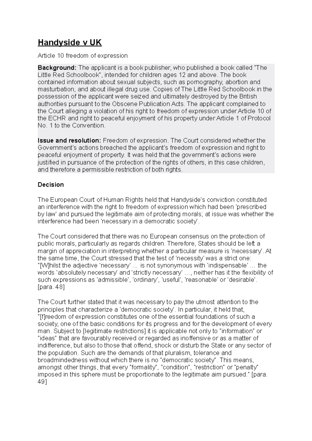 Handyside v UK Human Rights in Europe - Handyside v UK Article 10 ...