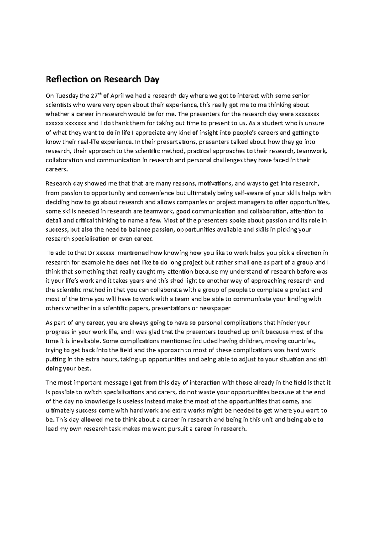 Reflection for Advanced Project A - Reserch Day - Reflection on ...