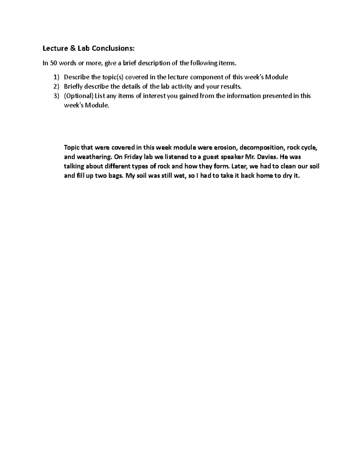 SOIL 10 - Lecture & Lab Conlusions-1 - Lecture & Lab Conclusions: In 50 words or more, give a ...