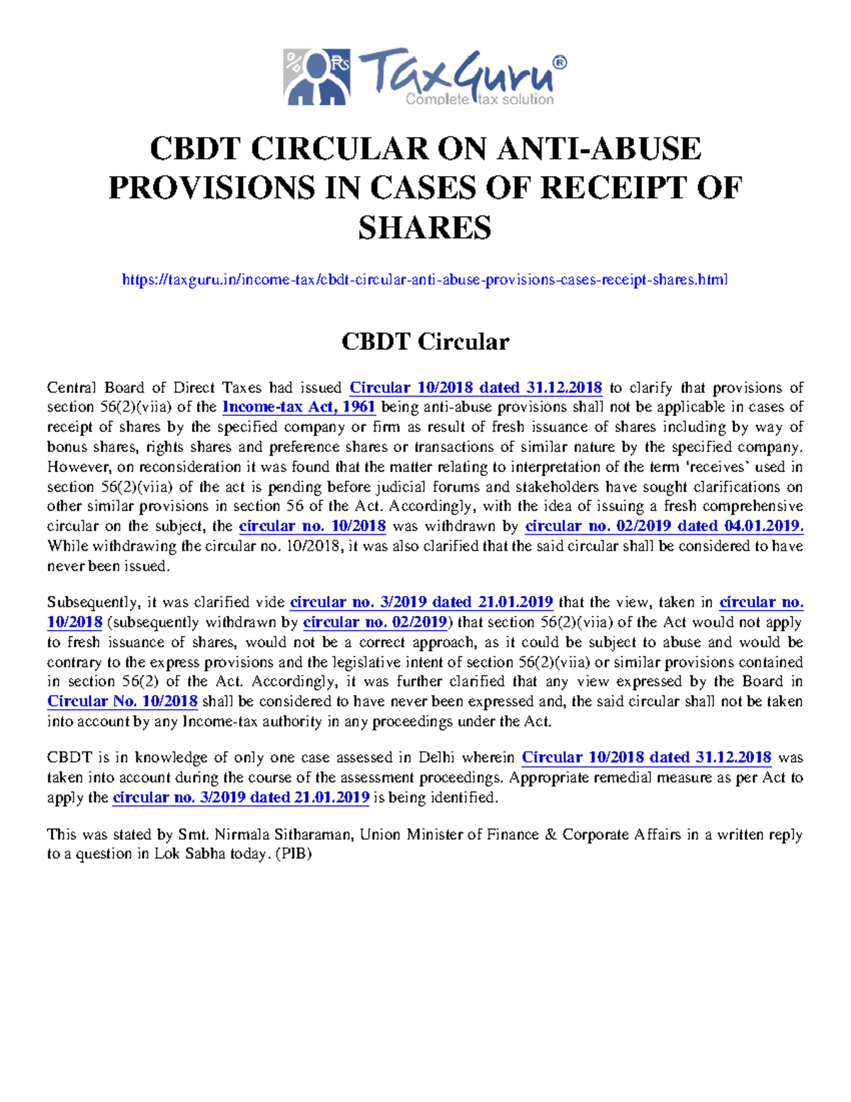CBDT Circular on anti-abuse provisions in cases of receipt of shares ...