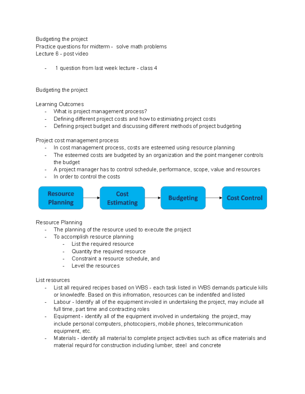 Class 5 - Budgeting the project Practice questions for midterm - solve ...