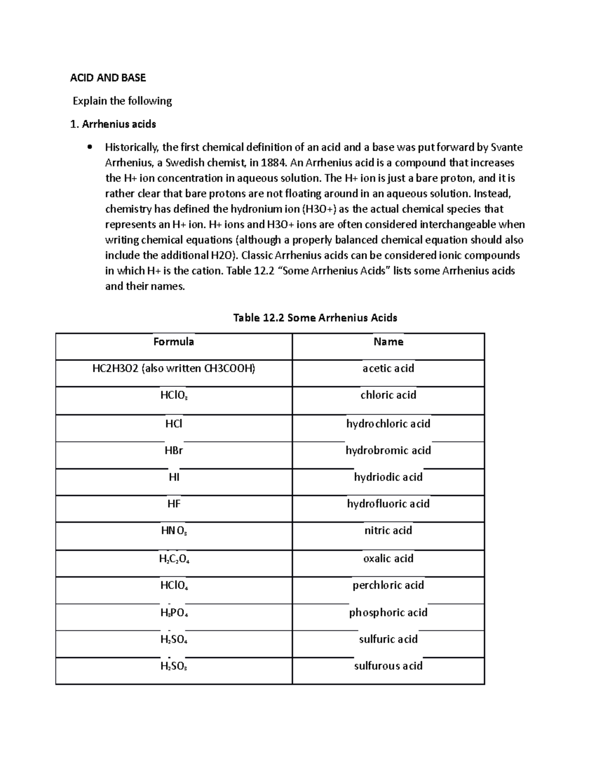 ACID AND BASE - notes - ACID AND BASE Explain the following 1 ...