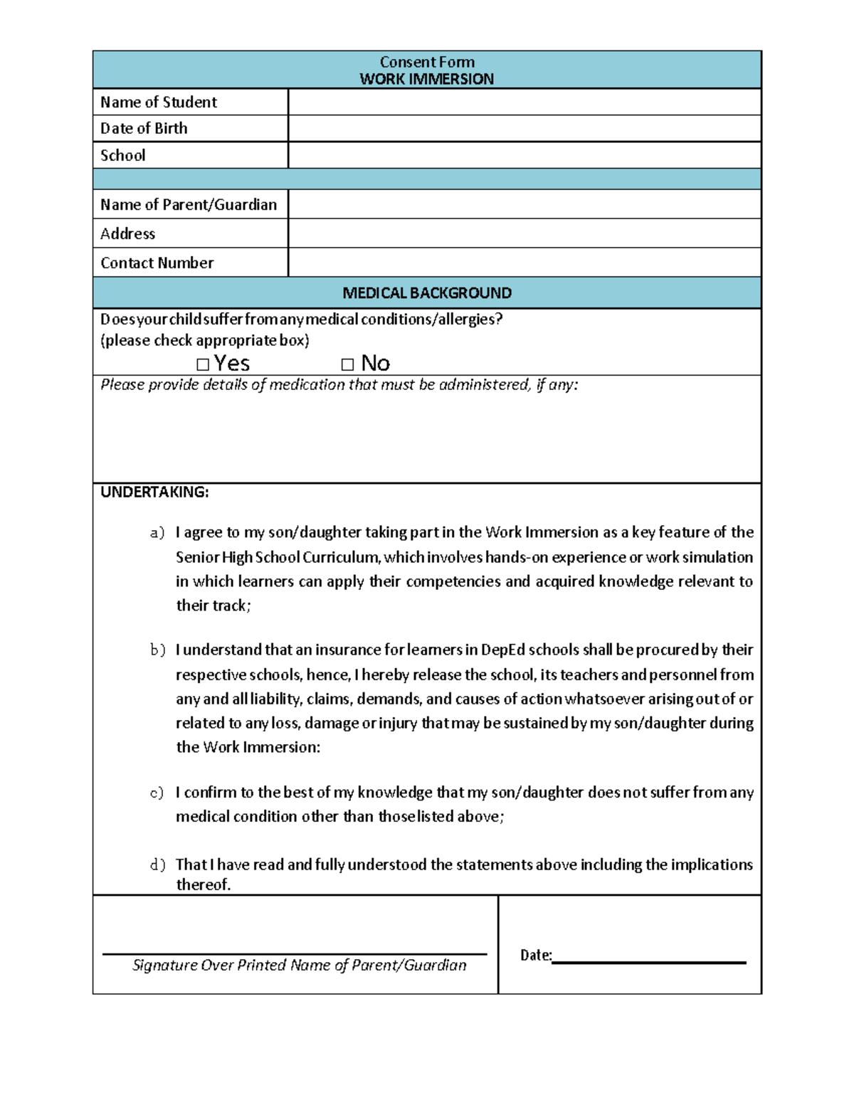 Consent Form- Immersion - Consent Form WORK IMMERSION Name of Student ...