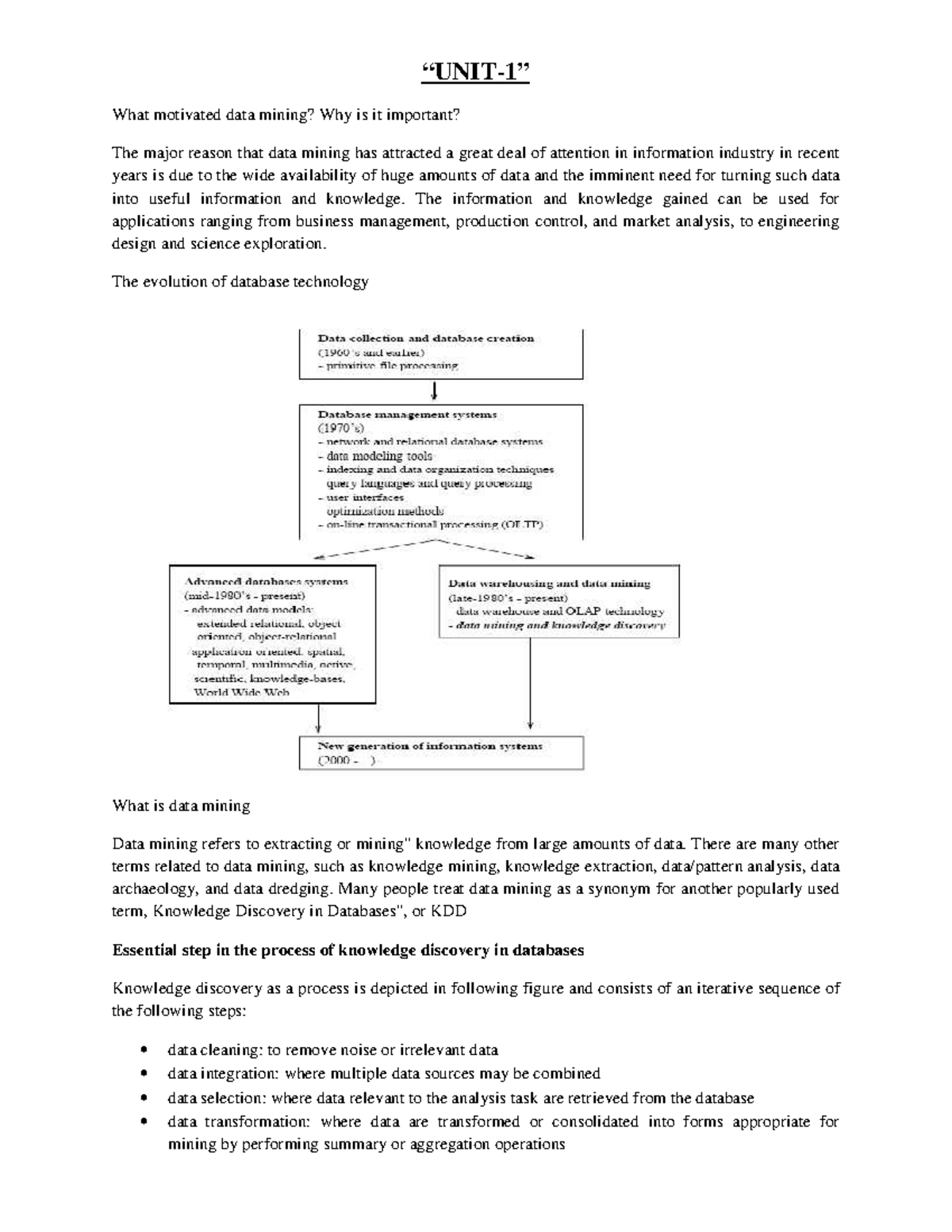 Basics of Data Mining - “UNIT- 1 ” What motivated data mining? Why is it important? The major ...