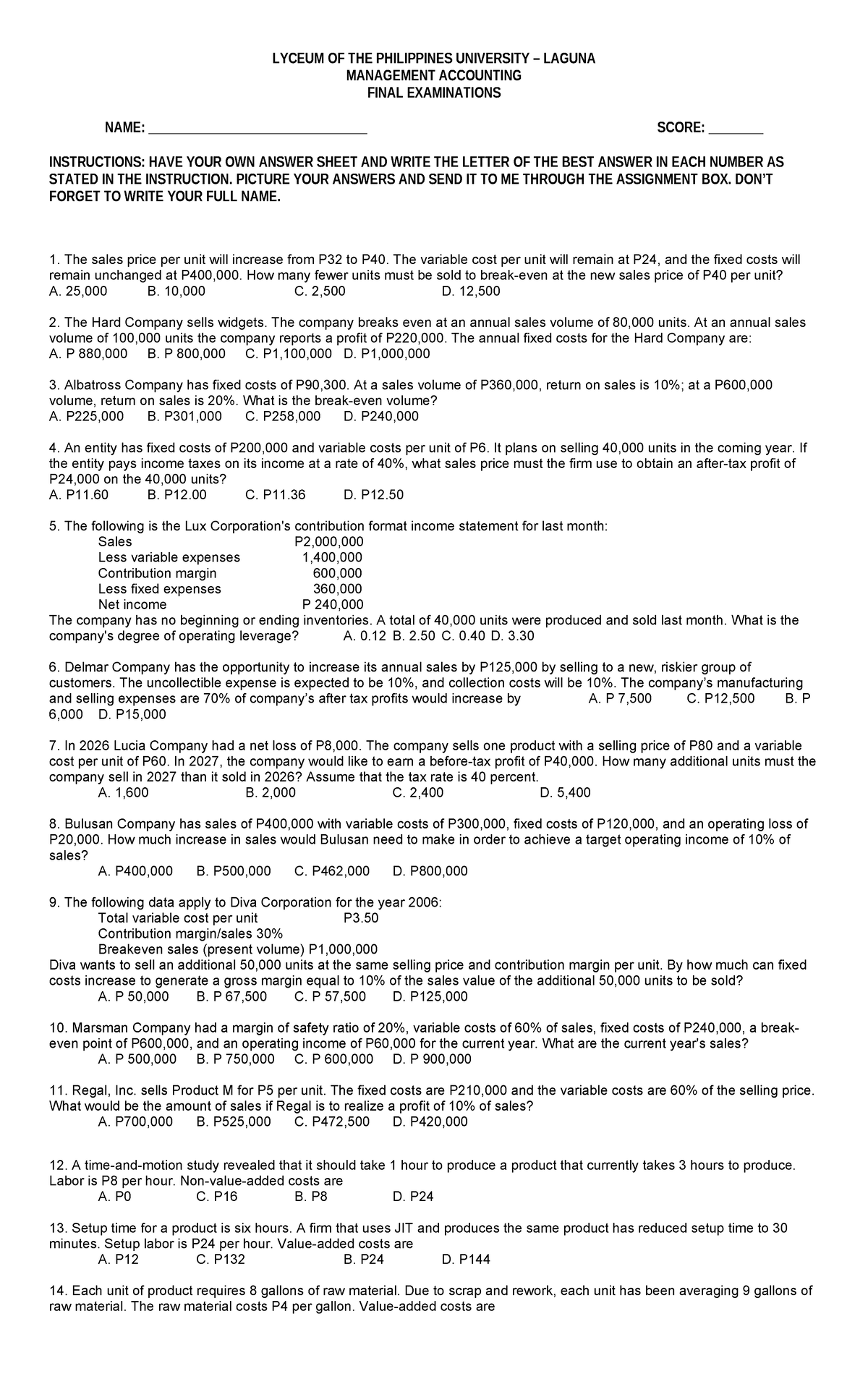 Management Accounting Questionnaire (35 Copies) - LYCEUM OF THE ...