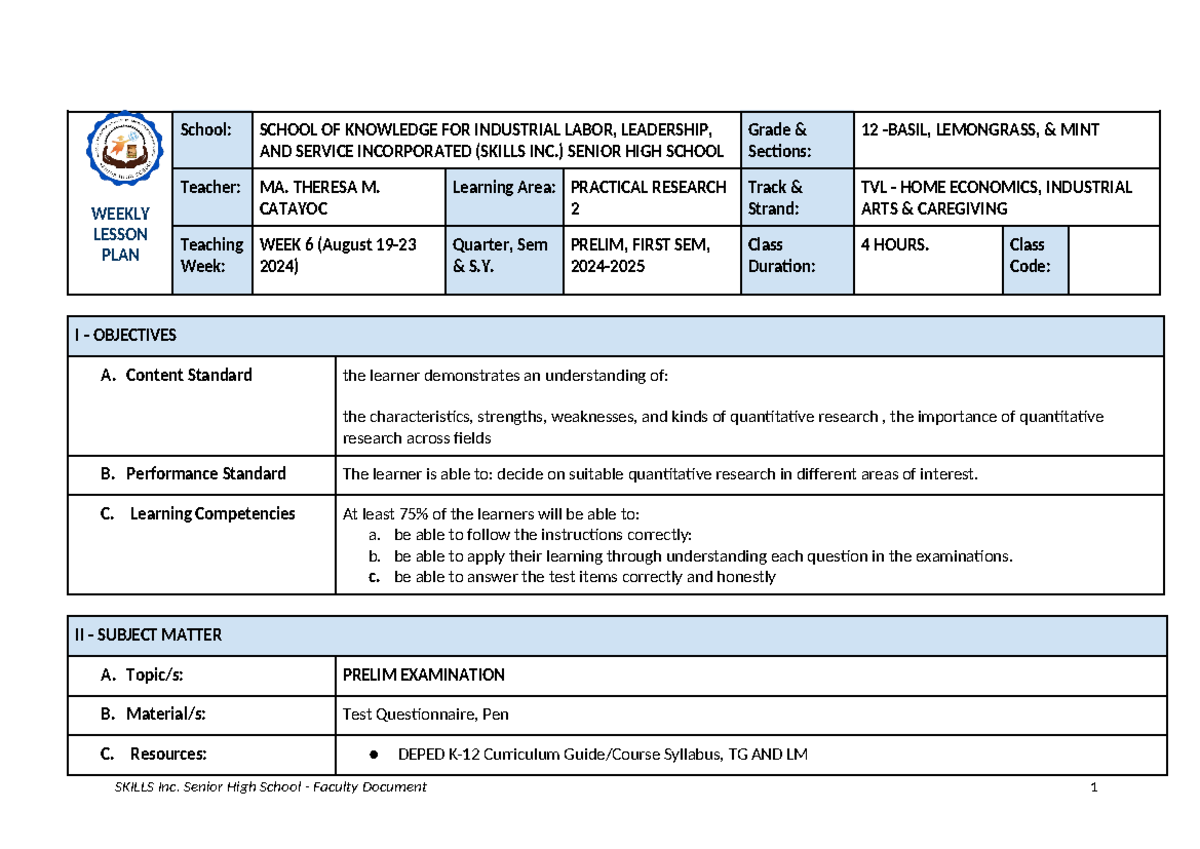 WEEK 6 August 19-23 - LESSON PLAN IN RESEARCH - WEEKLY LESSON PLAN ...