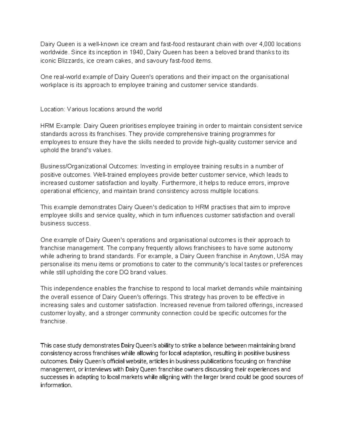 JIA HRM Group Assignment - Dairy Queen is a well-known ice cream and ...