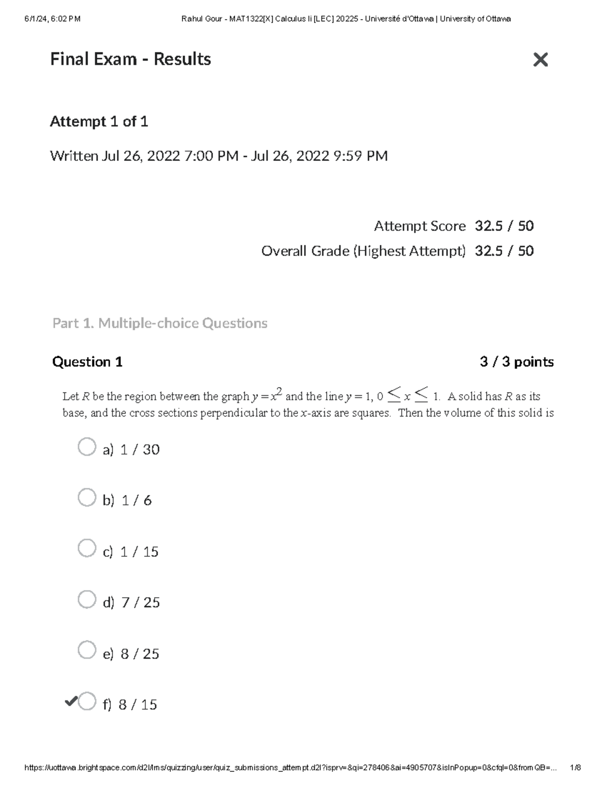 Calc2 Final - Final Exam - Results Attempt 1 of 1 Written Jul 26, 2022 ...