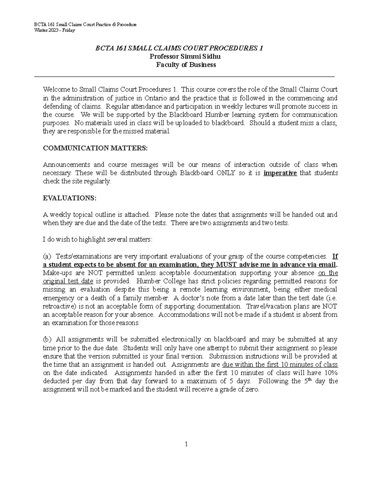 Syllabus - Winter 2023 Friday - Winter 2023 - Friday BCTA 161 SMALL CLAIMS COURT PROCEDURES 1 ...