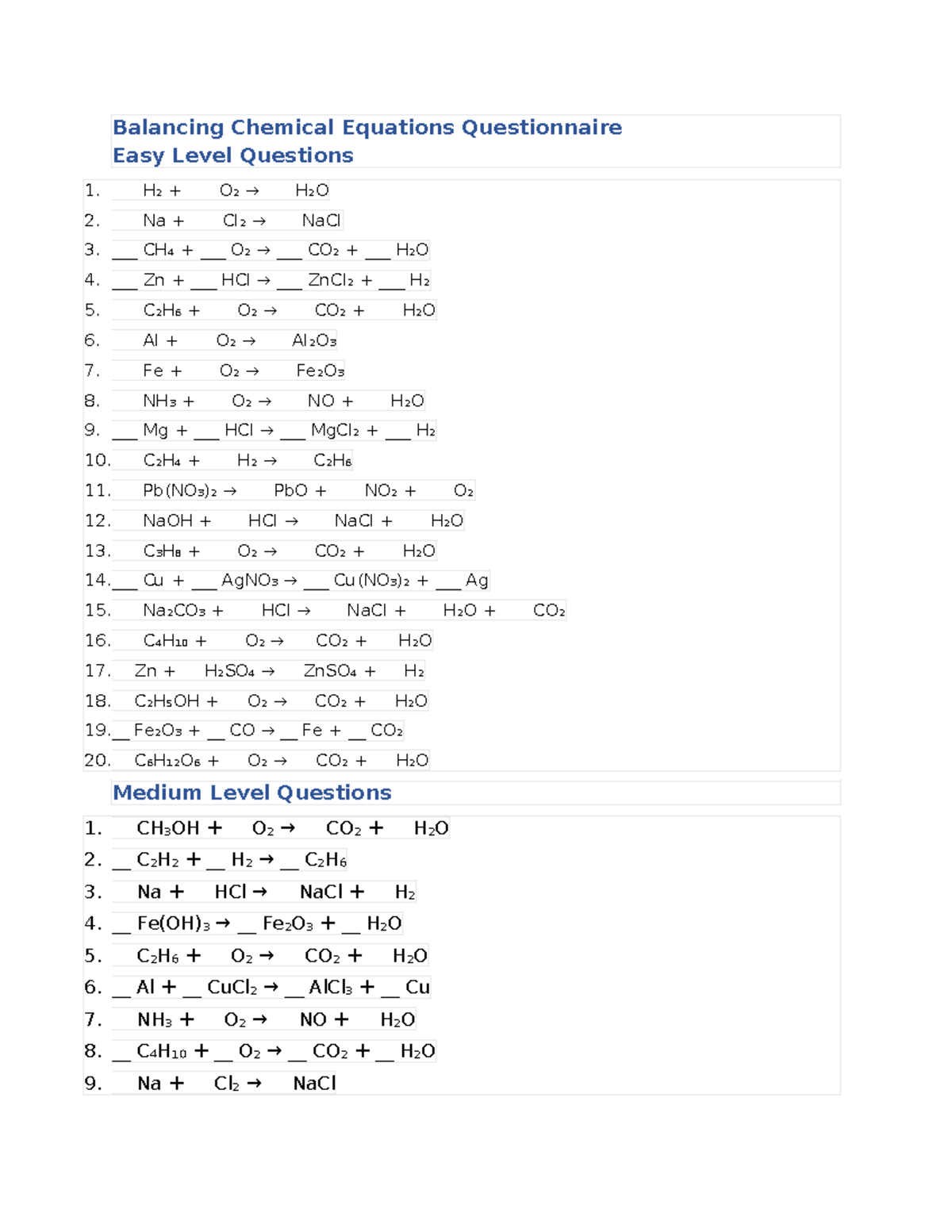 Balancing equation with levels - Balancing Chemical Equations ...