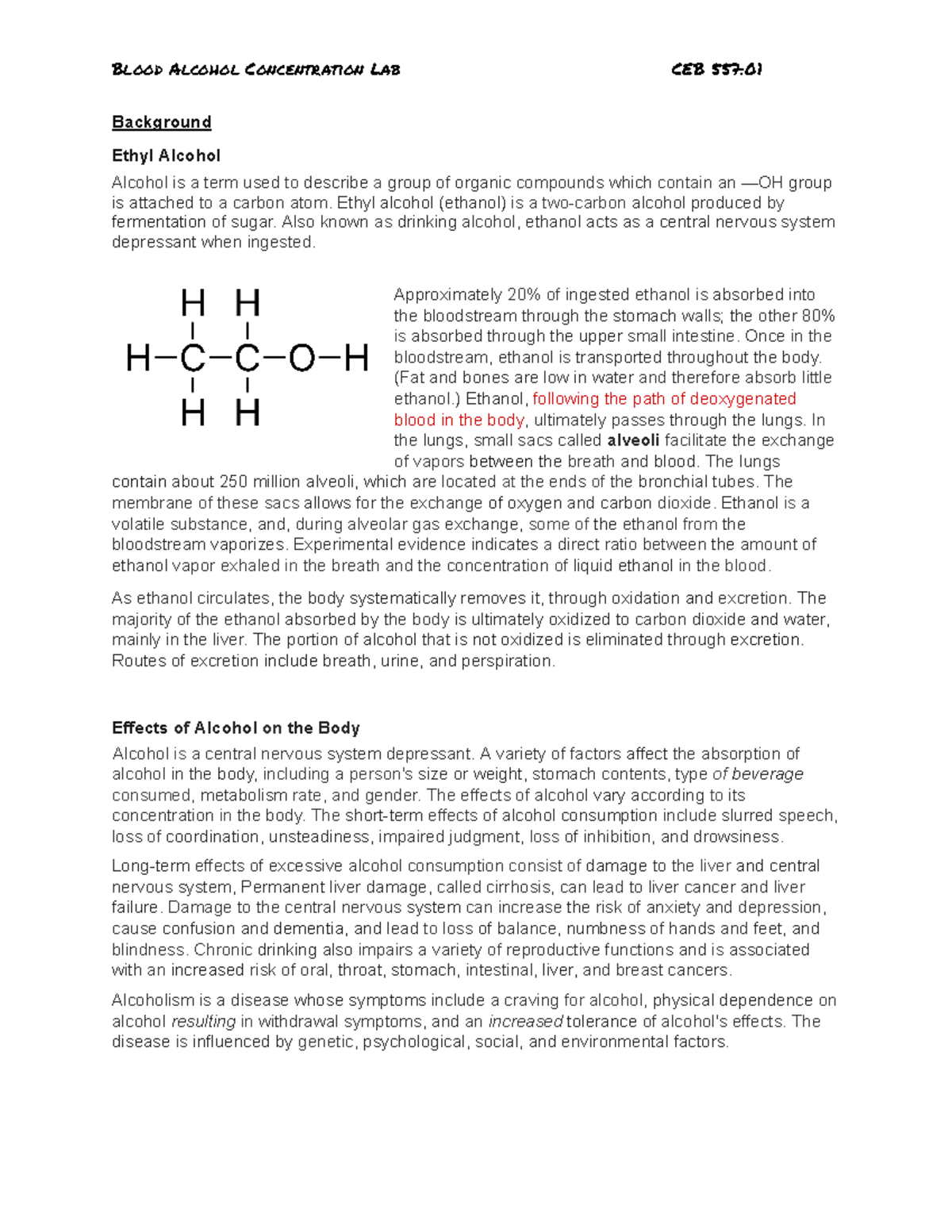 Blood Alcohol Lab Final - Background Ethyl Alcohol Alcohol is a term ...