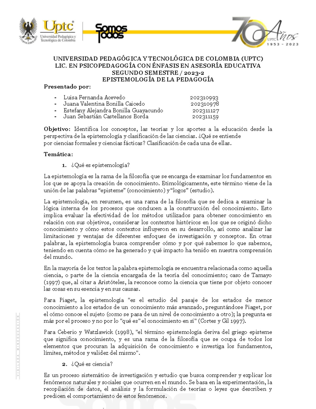 Lectura teorica, ciencia. - UNIVERSIDAD PEDAG”GICA Y TECNOL”GICA DE COLOMBIA (UPTC) LIC. EN ...