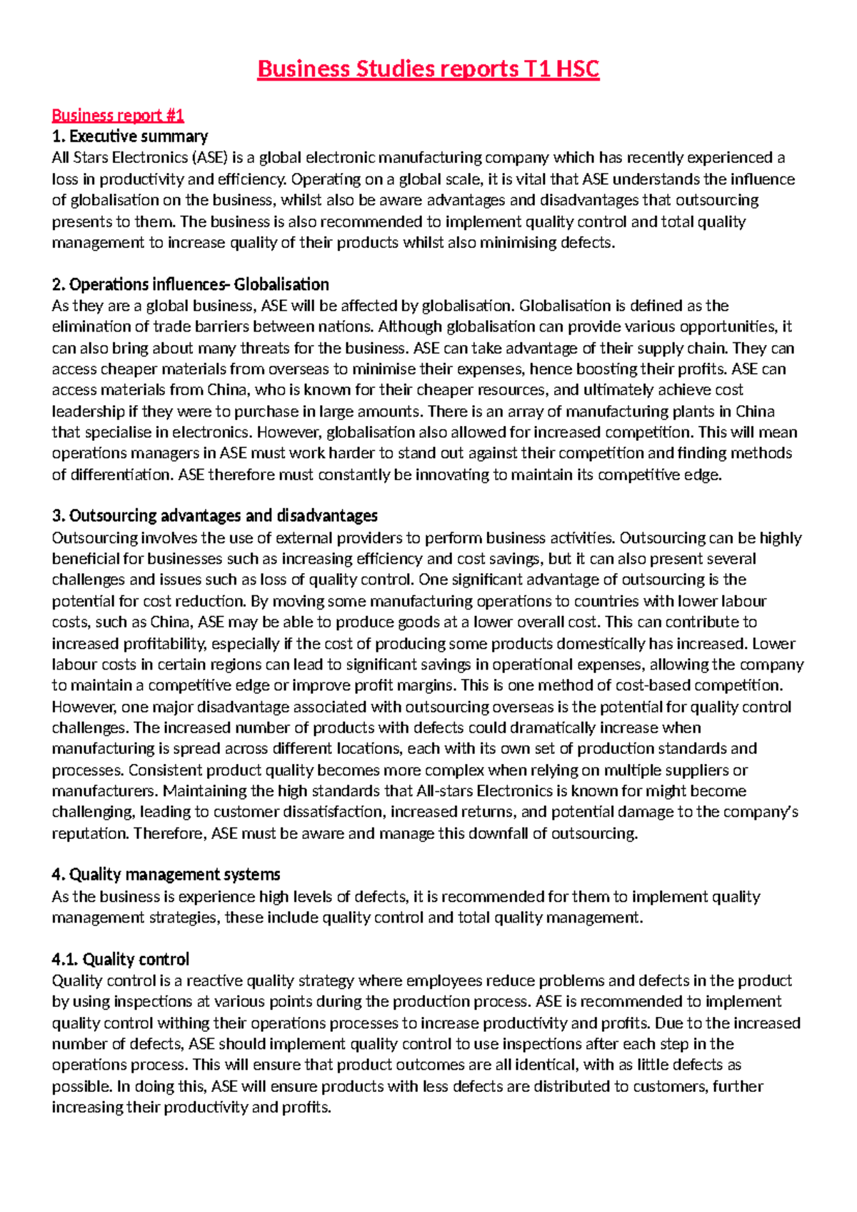 Assessment 1 Business reports - Business Studies reports T1 HSC ...