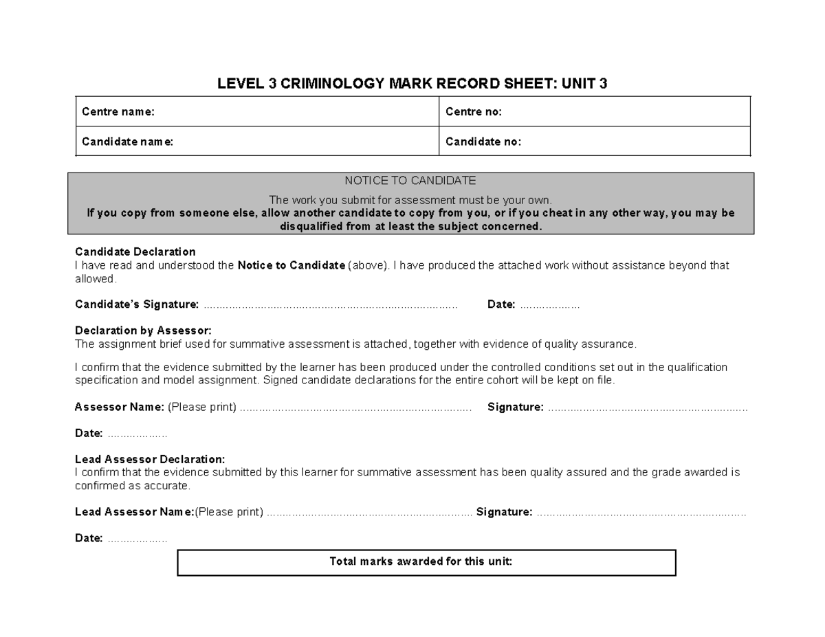 Unit-3-declaration-and-marksheet 2 - LEVEL 3 CRIMINOLOGY MARK RECORD ...