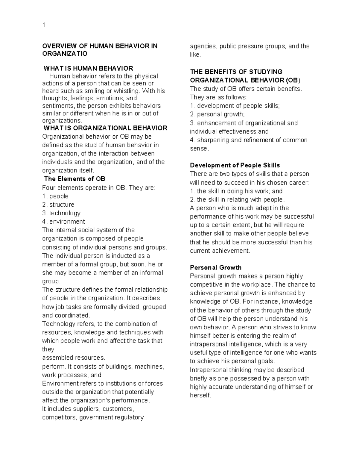 HBO - Lecture notes - OVERVIEW OF HUMAN BEHAVIOR IN ORGANIZATIO WHAT IS ...